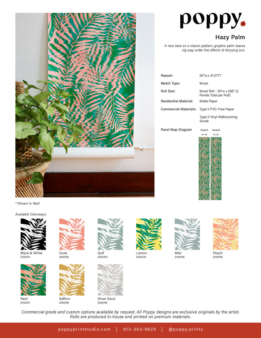 Hazy Palm Tree Wallpaper – Bold Leaf Design in 9 Colors – Poppy Print Studio
